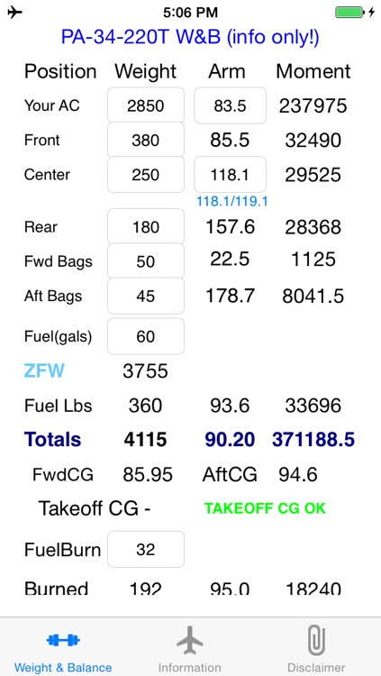 Seneca III PA34-220T Weight and Balance Calculator by Alicia Sikes